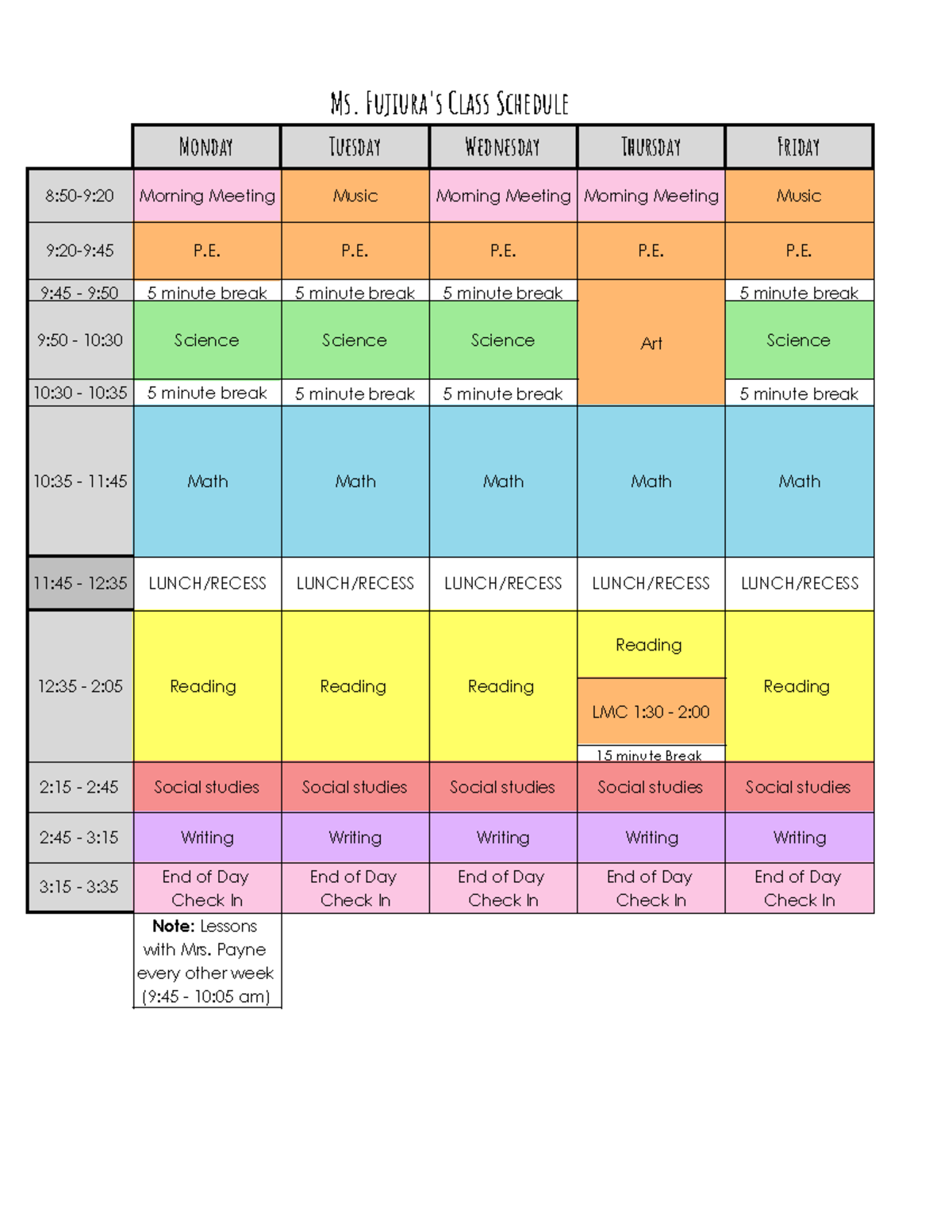 Ms. Fujiura's 4th grade Schedule - Ms. Fujiura's Class Schedule Monday ...