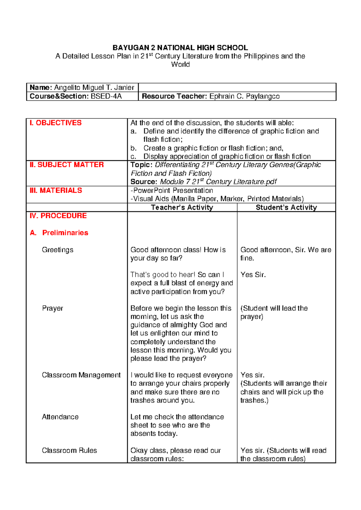 Lesson Plan Module 7 - asd - BAYUGAN 2 NATIONAL HIGH SCHOOL A Detailed ...