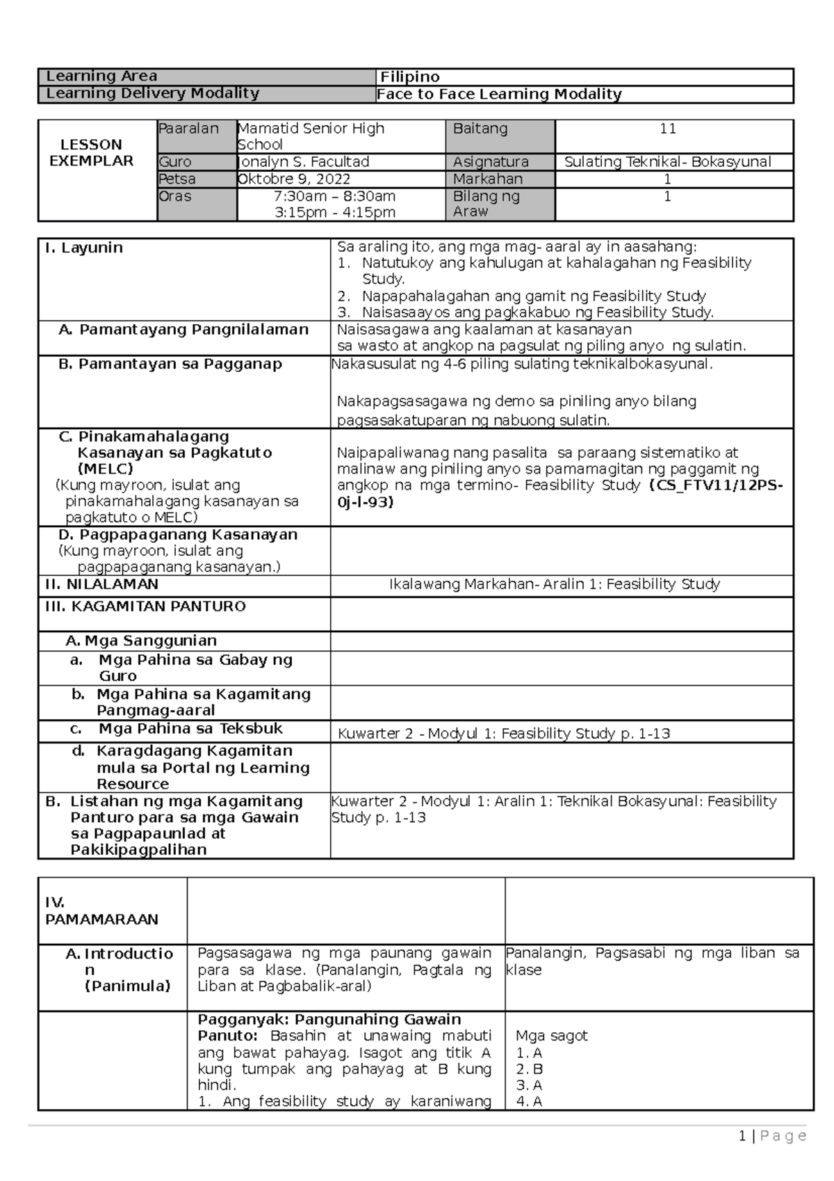 DLP-Piling Larang-11 November 9 - Learning Area Filipino Learning ...