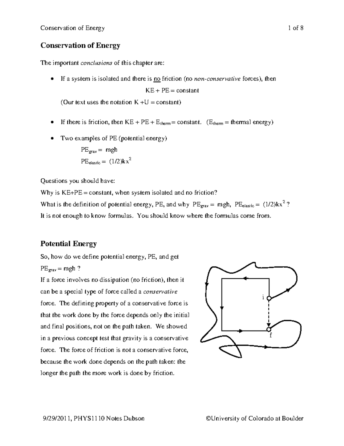 Conservation Of Energy Notes - Conservation of Energy The important ...