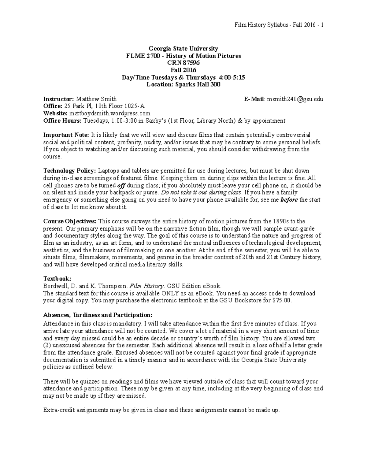 FLME 2700 History of Motion Pictures Fal - Georgia State University ...