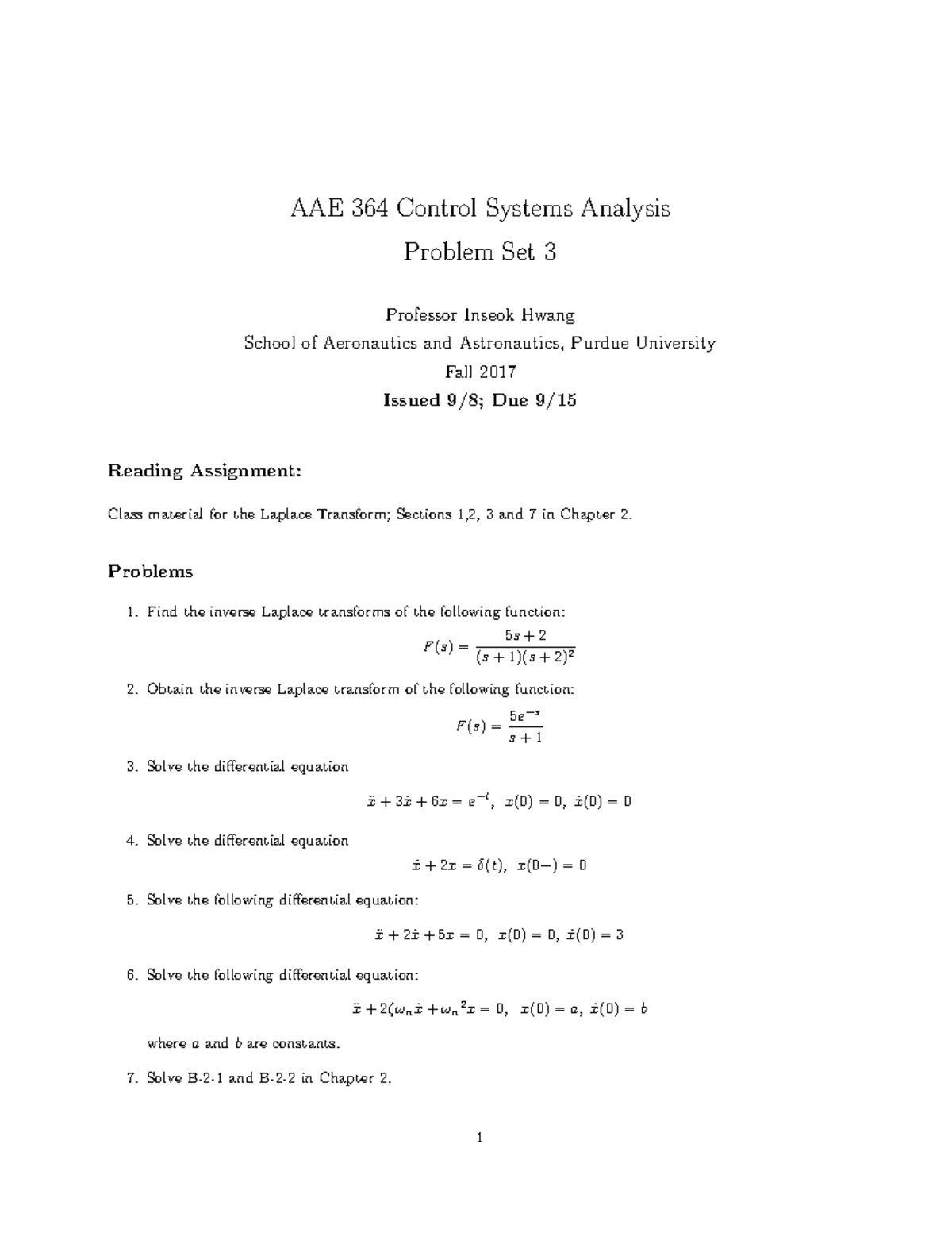 Hw3 Hw 3 Problems Aae 364 Control Systems Analysis Problem Set 3 Professor Inseok Hwang