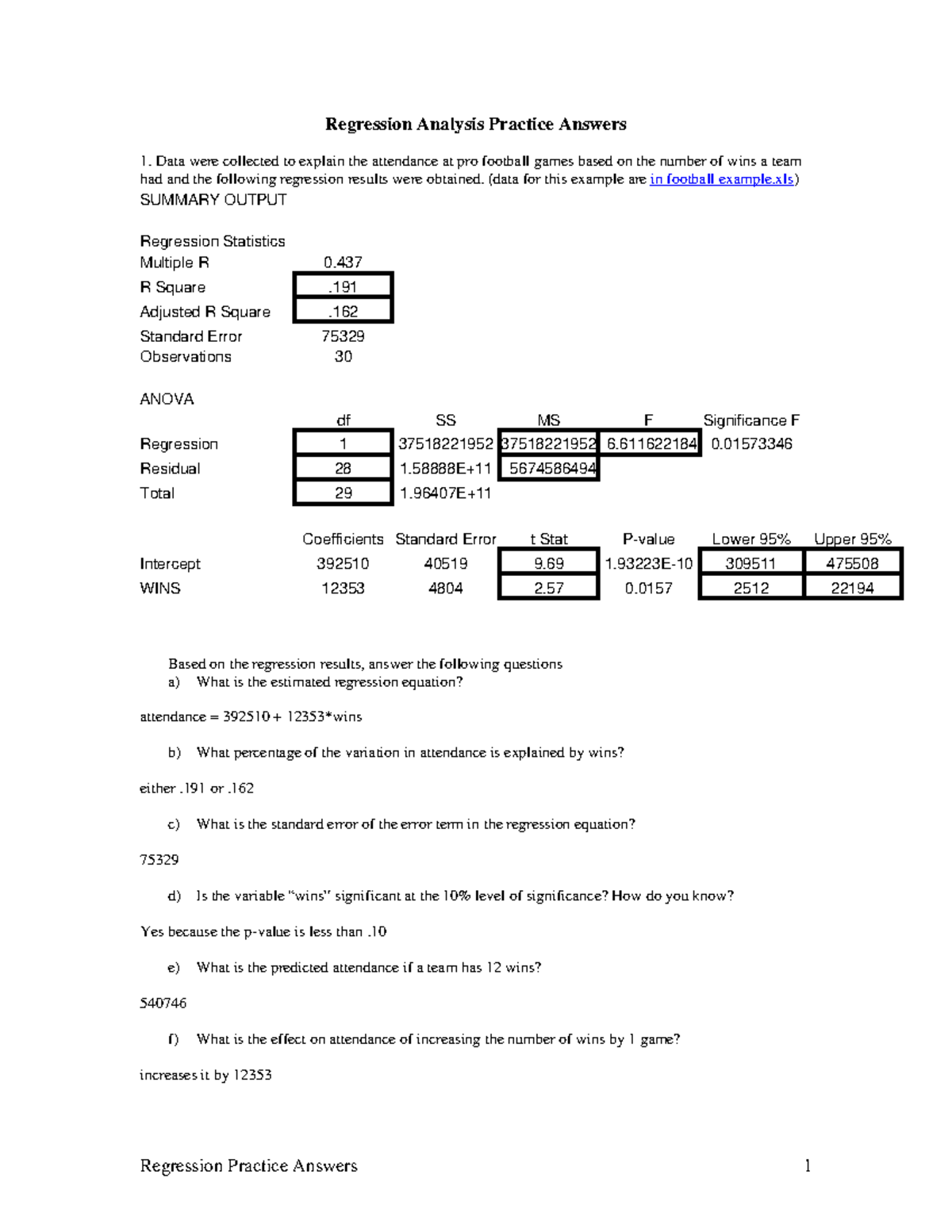 Regression Exercise questions & answers - Regression Practice Answers 1 Regression Analysis ...