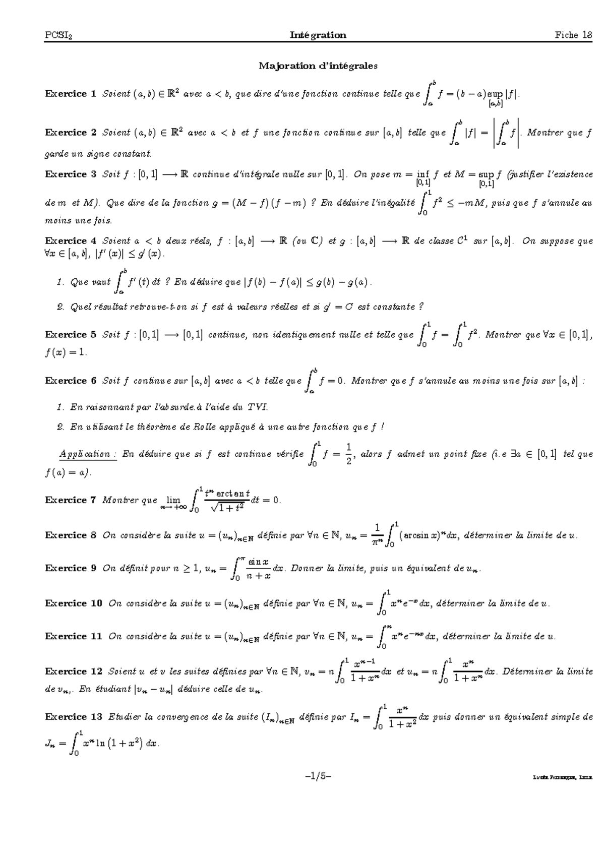 Integration et sommes de riemann exercices non corriges - Majoration d ...