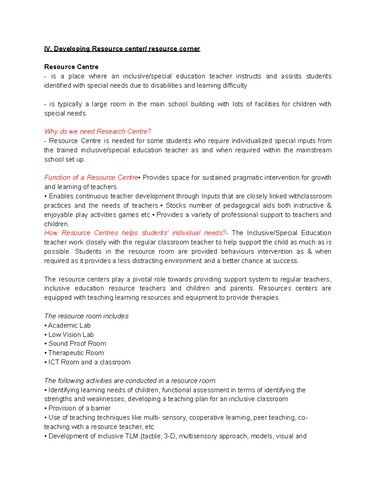 Special Needs Education - IV. Developing Resource center/ resource ...