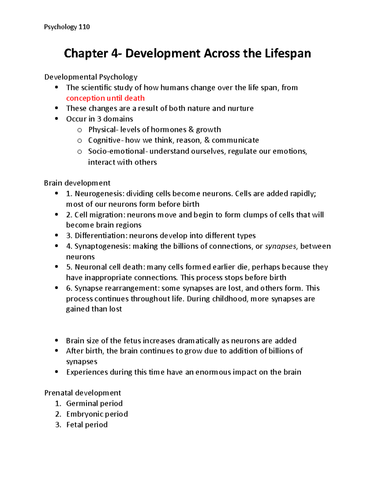 Psychology Notes- Unit 2 - Chapter 4- Development Across the Lifespan ...
