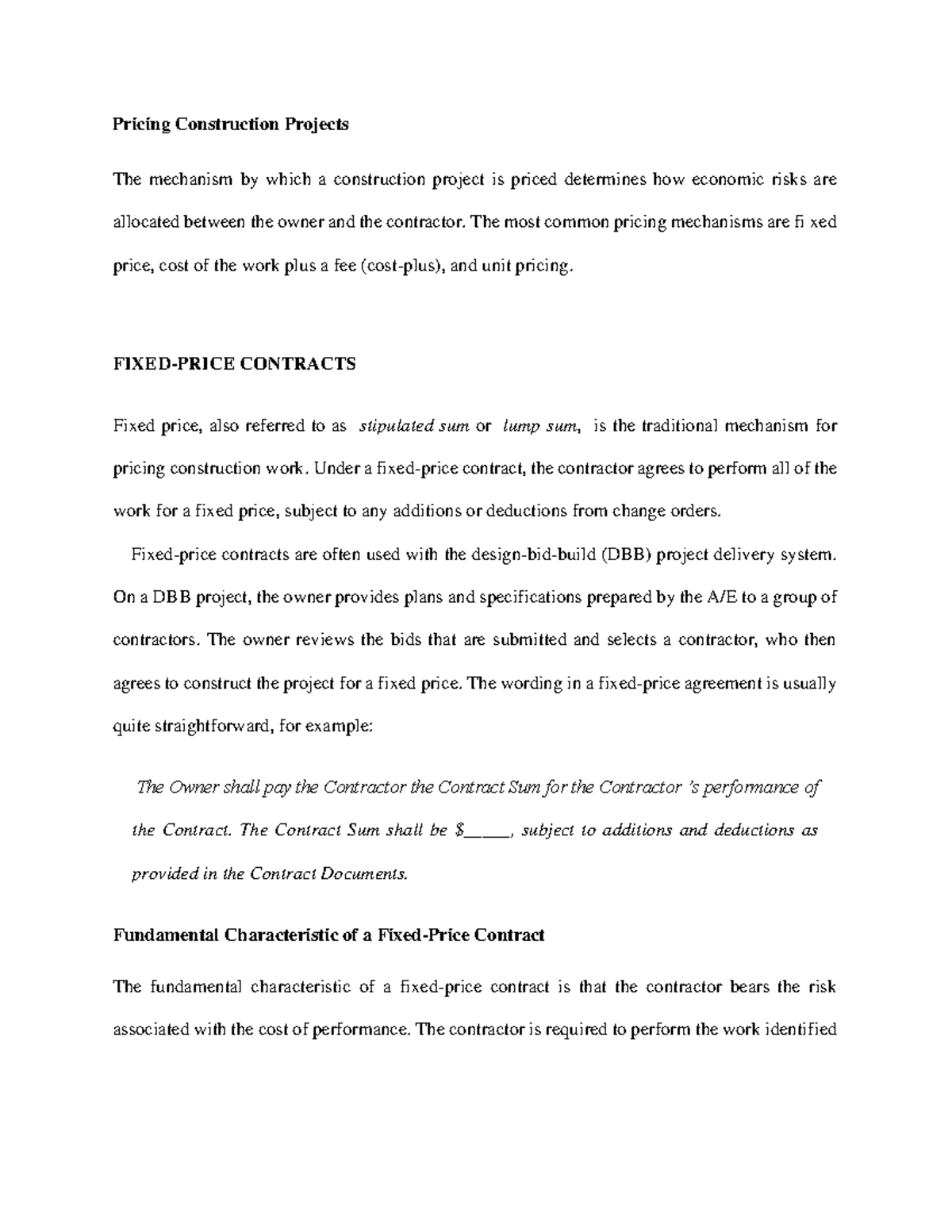 Pricing Construction Projects - The most common pricing mechanisms are ...
