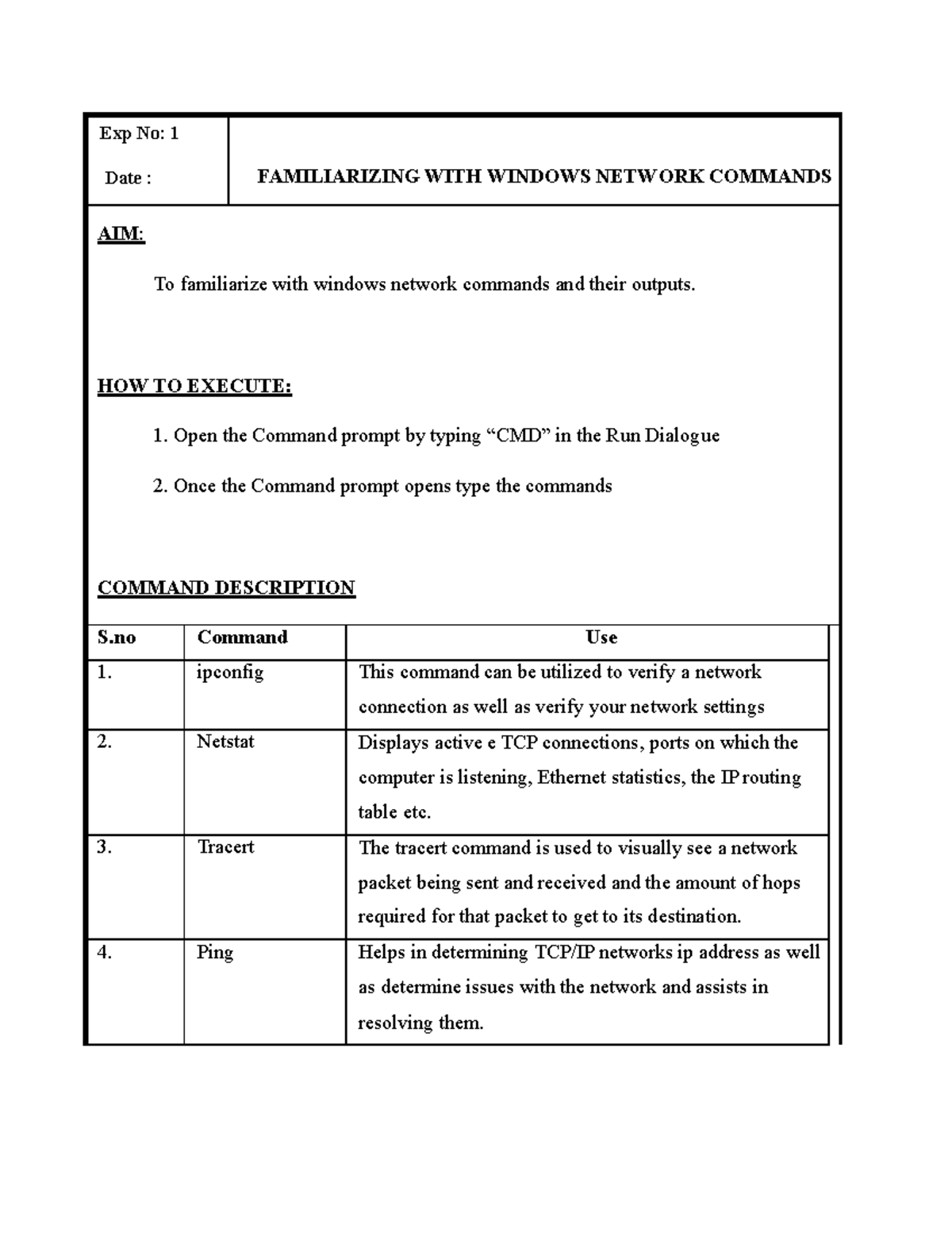 CN Record 2023 - Exp No: 1 Date : FAMILIARIZING WITH WINDOWS NETWORK COMMANDS AIM: To ...