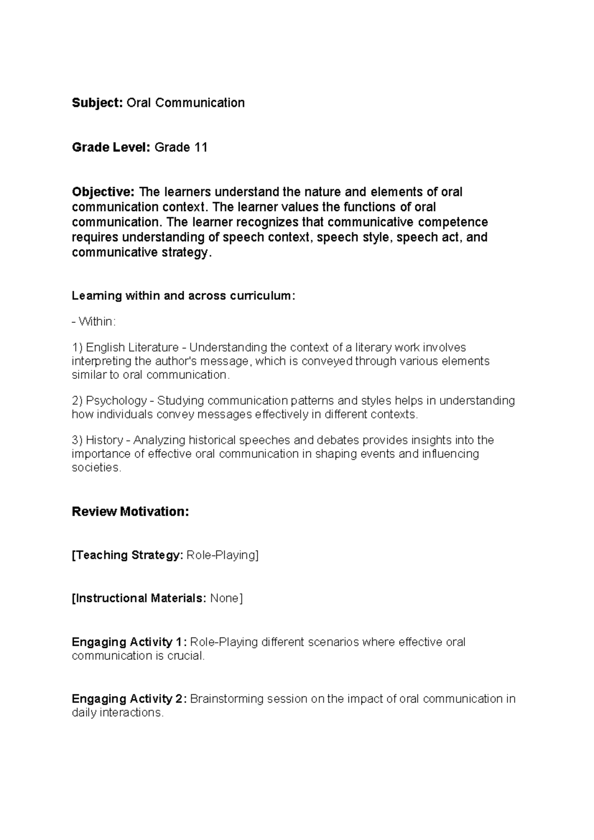 Oral Communication-Lesson Plan - Subject: Oral Communication Grade ...