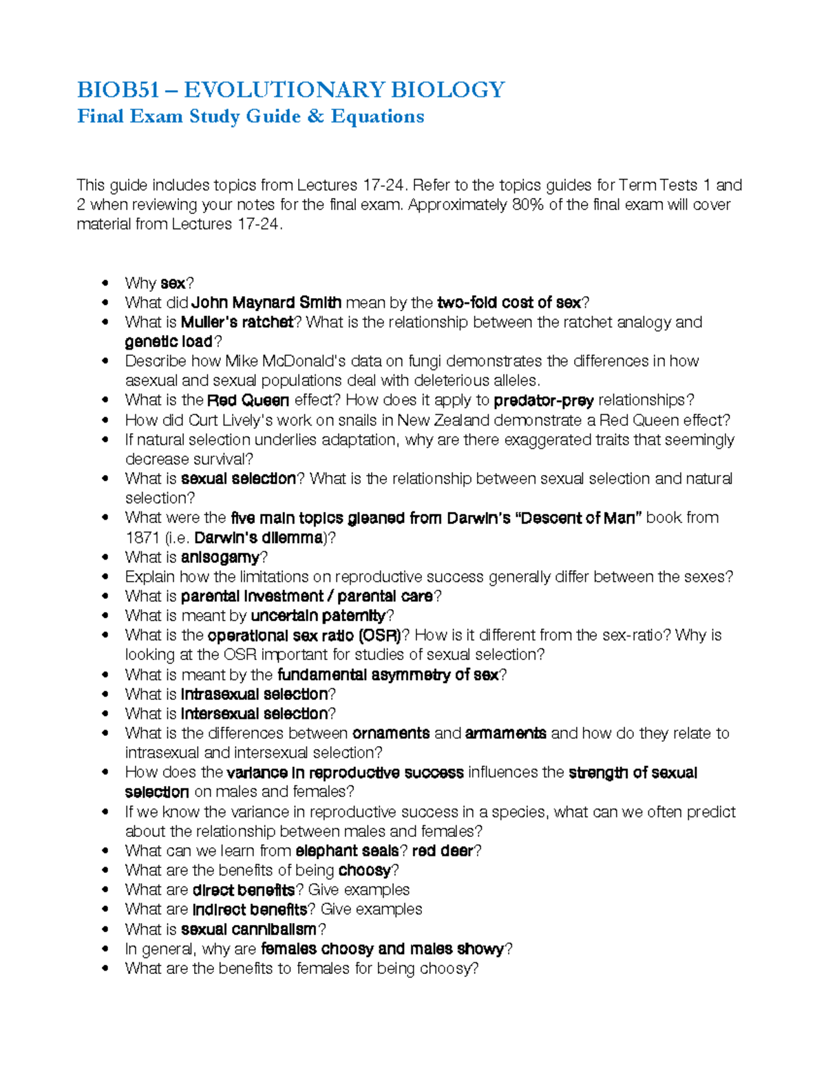 BIOB51 Final Exam Topics Guide Equations 2024 - BIOB51 – EVOLUTIONARY ...