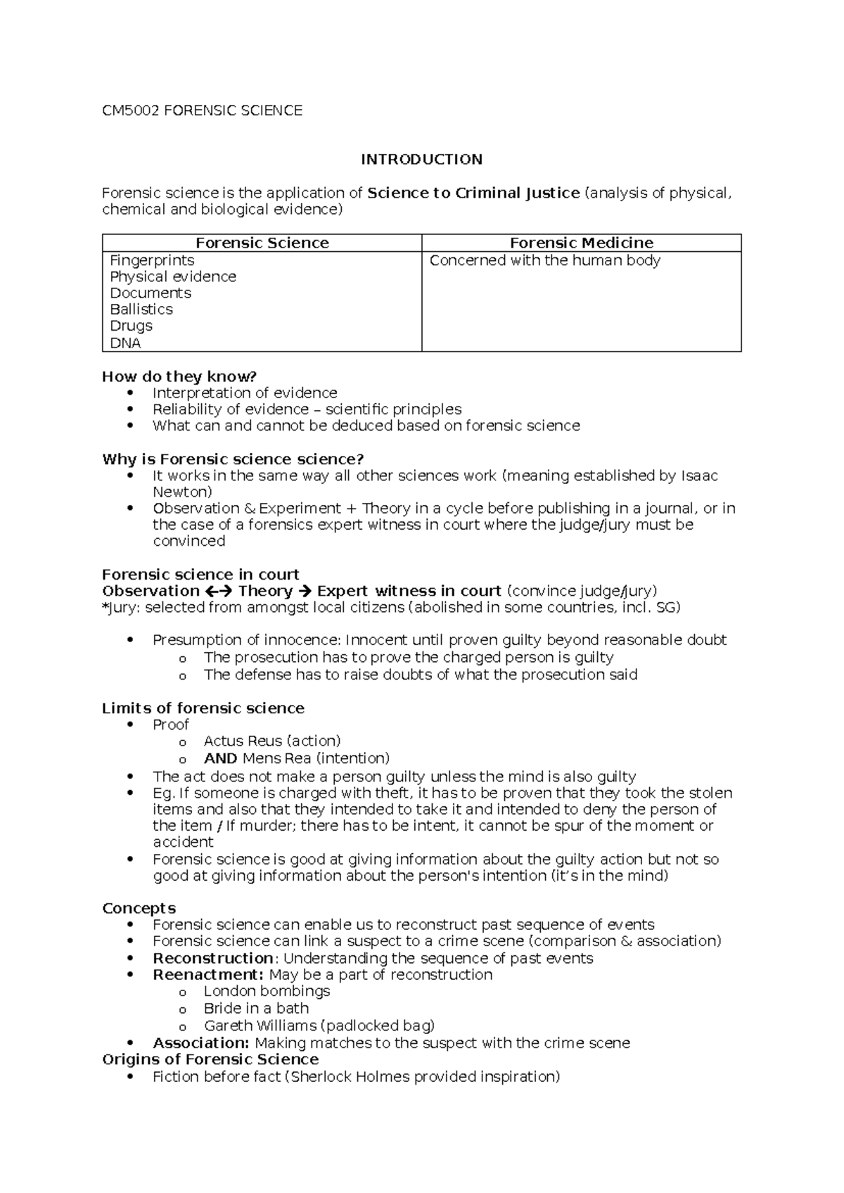 CM5002 Notes - CM5002 FORENSIC SCIENCE INTRODUCTION Forensic science is ...