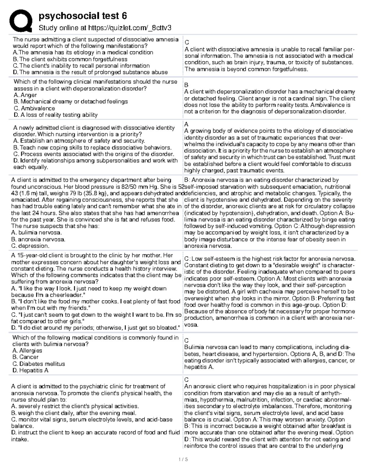 Psych 1 - BS NURSING - Study online at quizlet/_8cttv The nurse admitting a client suspected of ...