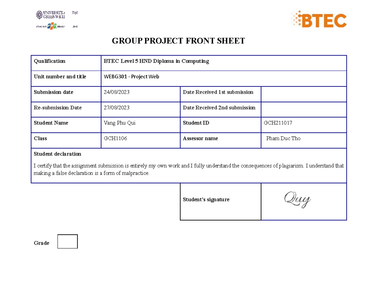 Assignment webg301-GCH211017-GCH1106 - GROUP PROJECT FRONT SHEET Qualification BTEC Level 5 HND ...