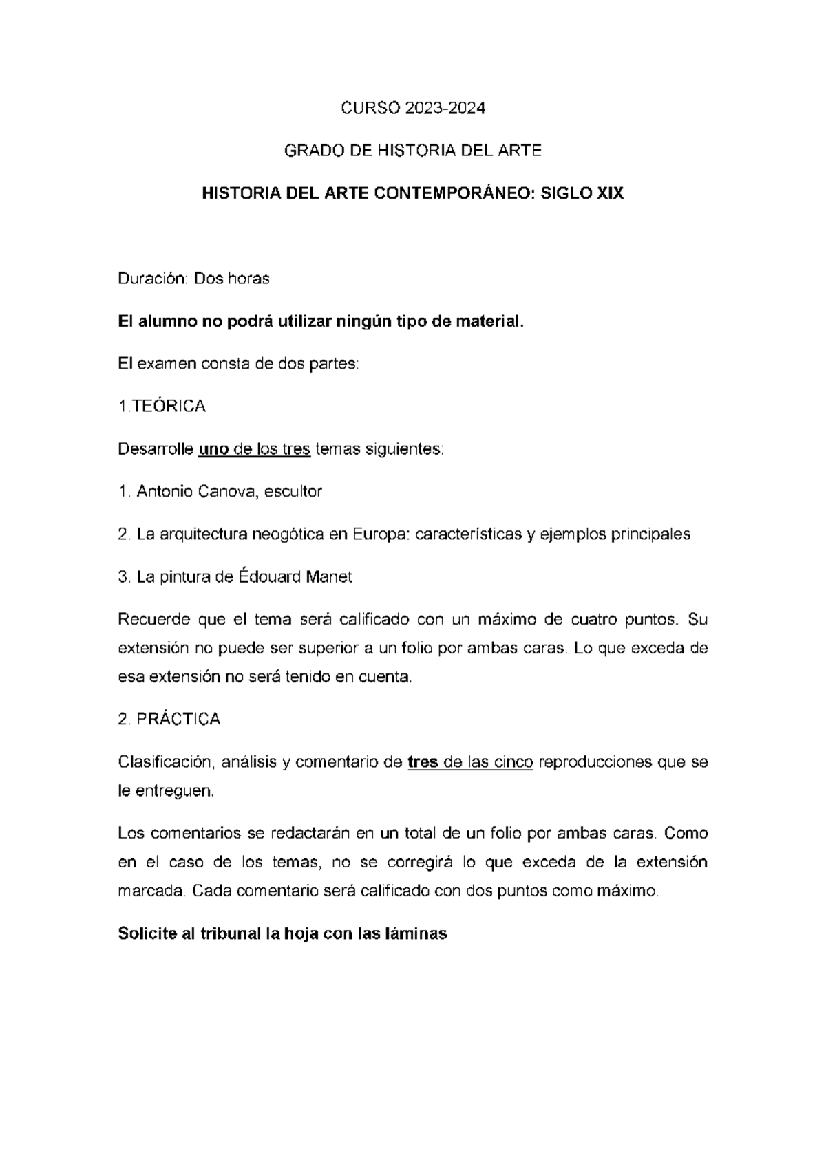 Examen febrero 2023 - CURSO GRADO DE HISTORIA DEL ARTE HISTORIA DEL ...