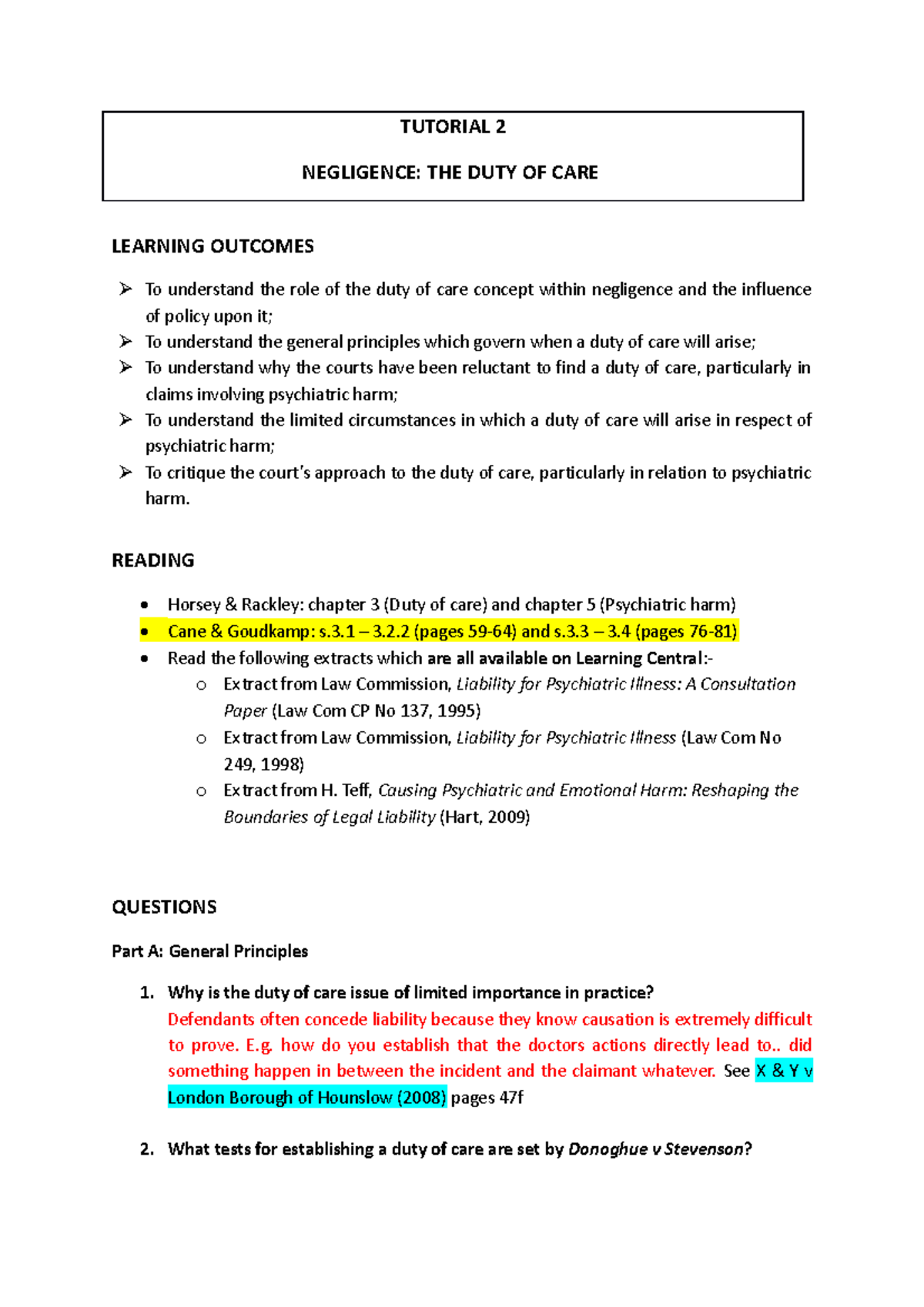 Tutorial Two Duty of Care Preparation Worksheet - TUTORIAL 2 NEGLIGENCE ...