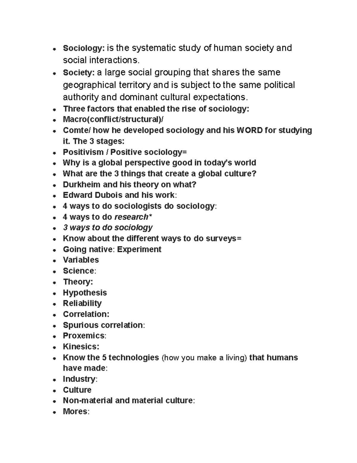 Study Guide - Sociology - Sociology: is the systematic study of human ...