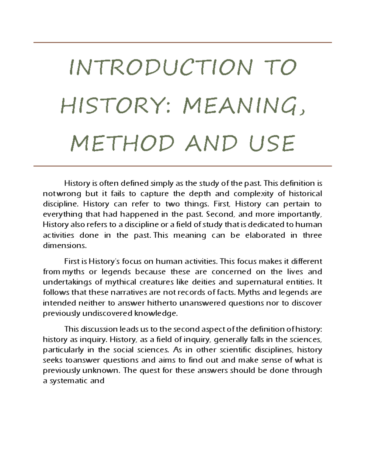 Introduction to History - INTRODUCTION TO HISTORY: MEANING, METHOD AND ...