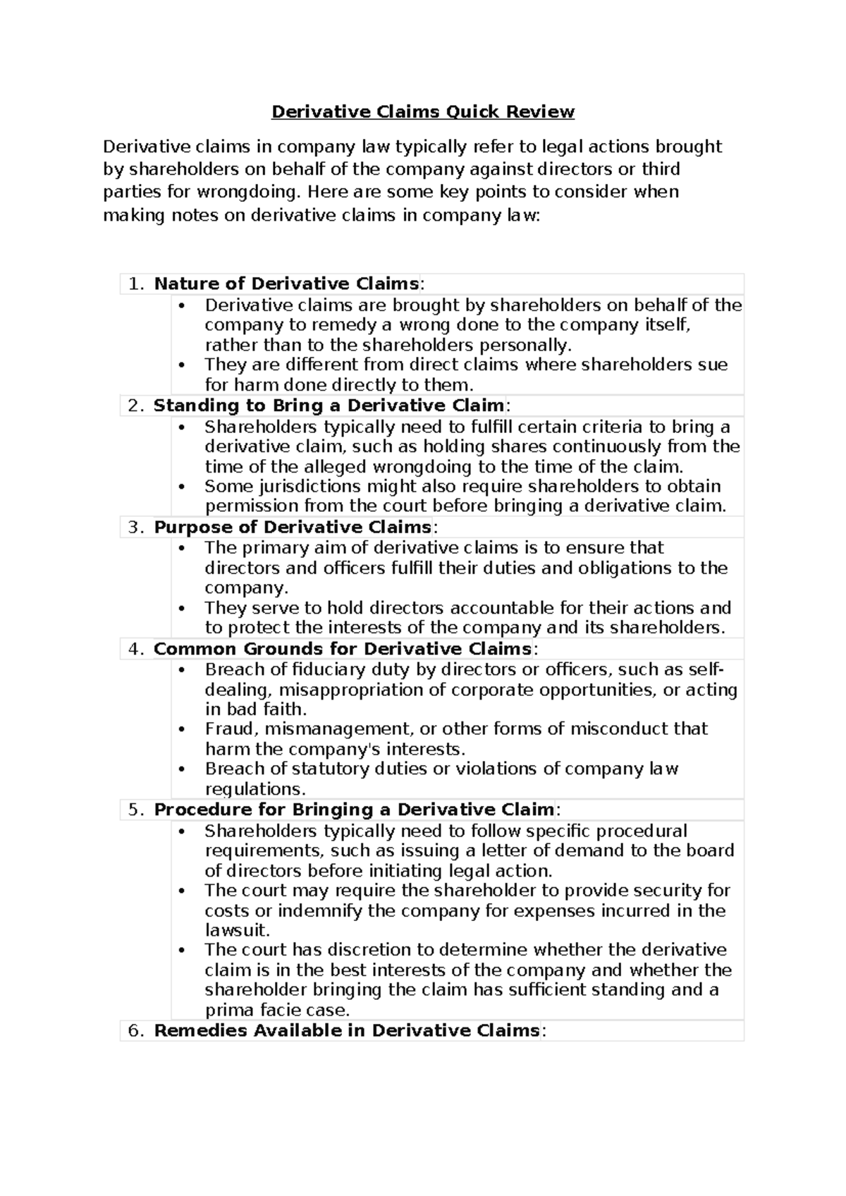 Derivative Claims Quick Review - Derivative Claims Quick Review ...