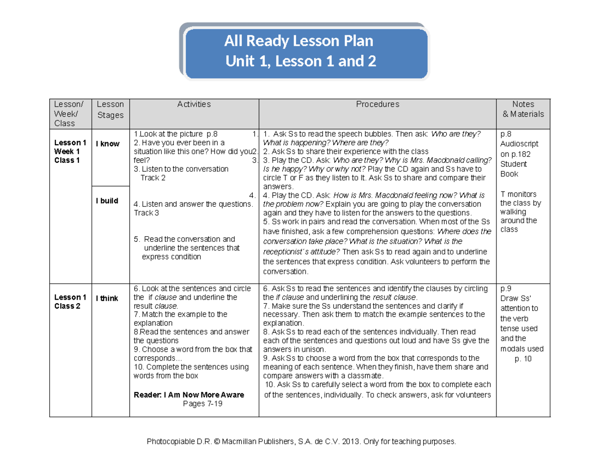 All Ready 3 Lesson Plans - Lesson/ Week/ Class Lesson Stages Activities ...