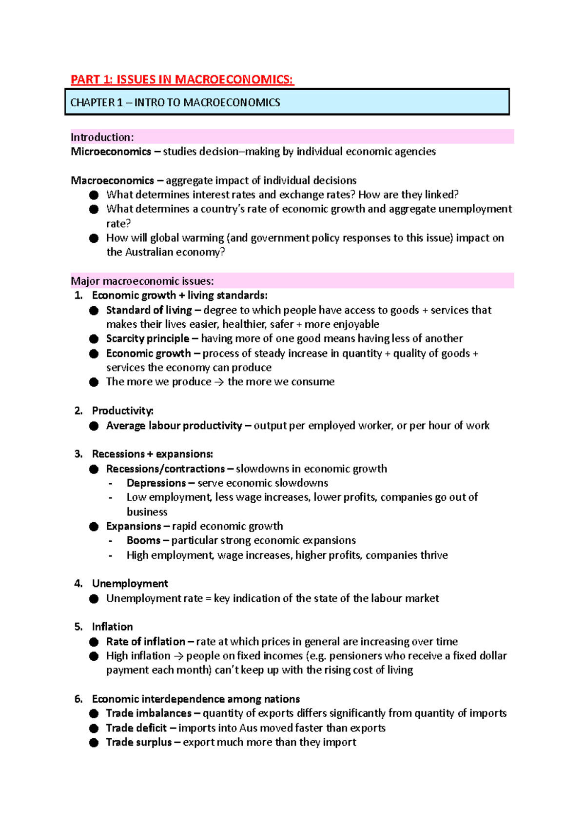 ECON1002 notes - PART 1: ISSUES IN MACROECONOMICS: CHAPTER 1 – INTRO TO ...