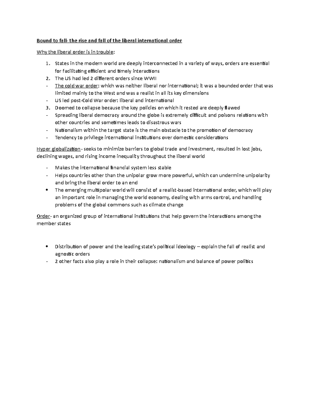 Class 8 hw notes - Bound to fall- the rise and fall of the liberal ...