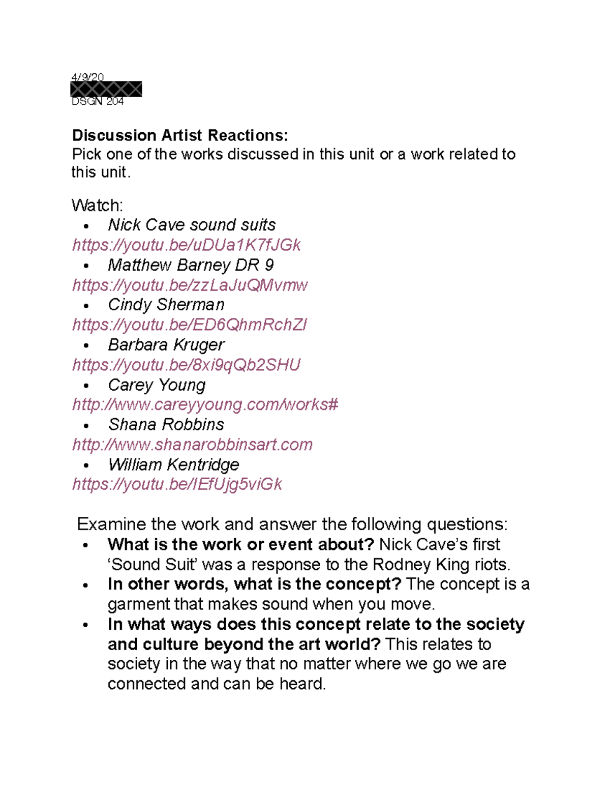 Artist Reaction - Writing exercise on art critique - 4/9/ DSGN 204 ...