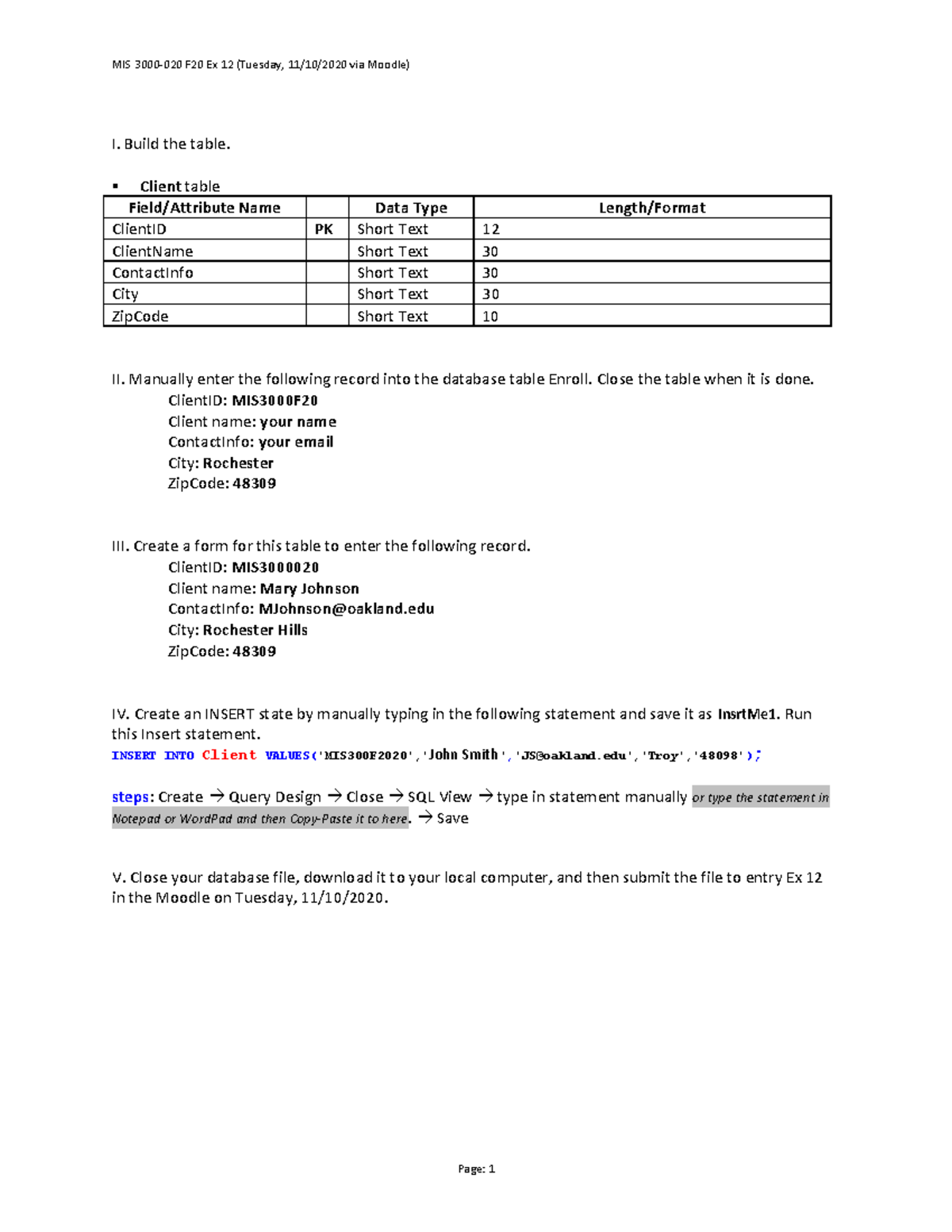 MIS 3000- Ex 12 SQL - MIS 3000-020 F20 Ex 12 (Tuesday, 11/10/2020 via ...