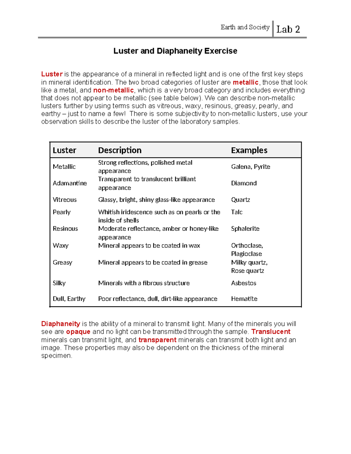 Luster AND Diaphaneity Exercise answers 1 - Earth and Society Lab 2 ...