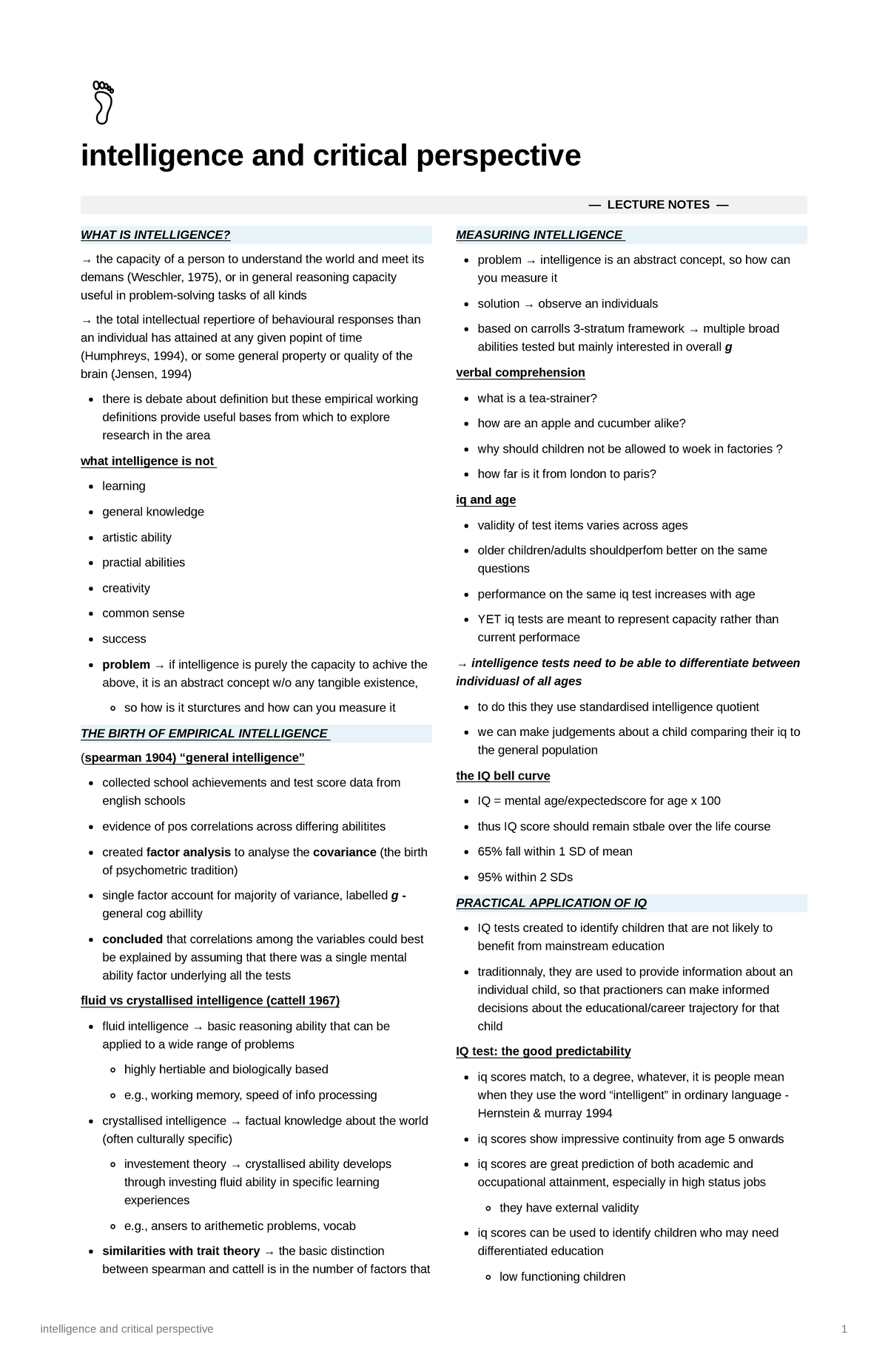 Intelligence and critical perspective - , working memory, speed of info processing crystallised ...