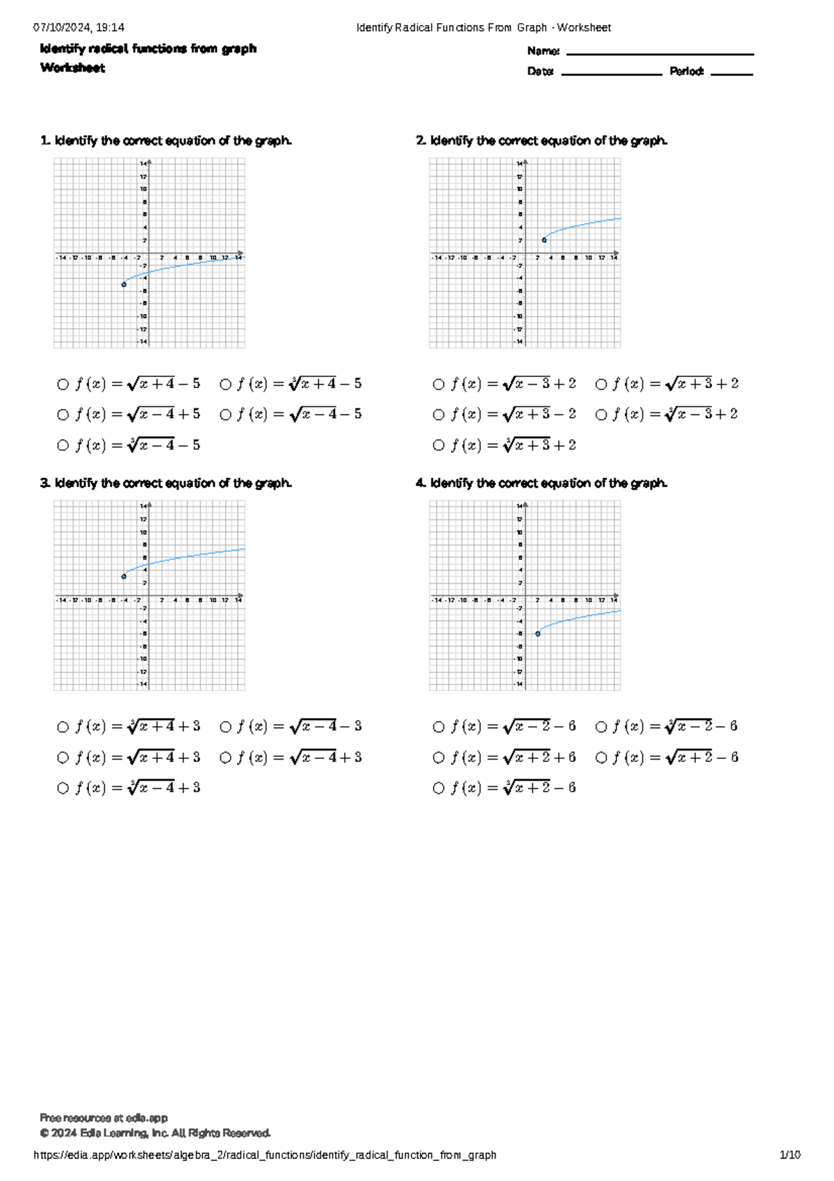 Identify Radical Functions From Graph - Worksheet - Identify radical ...