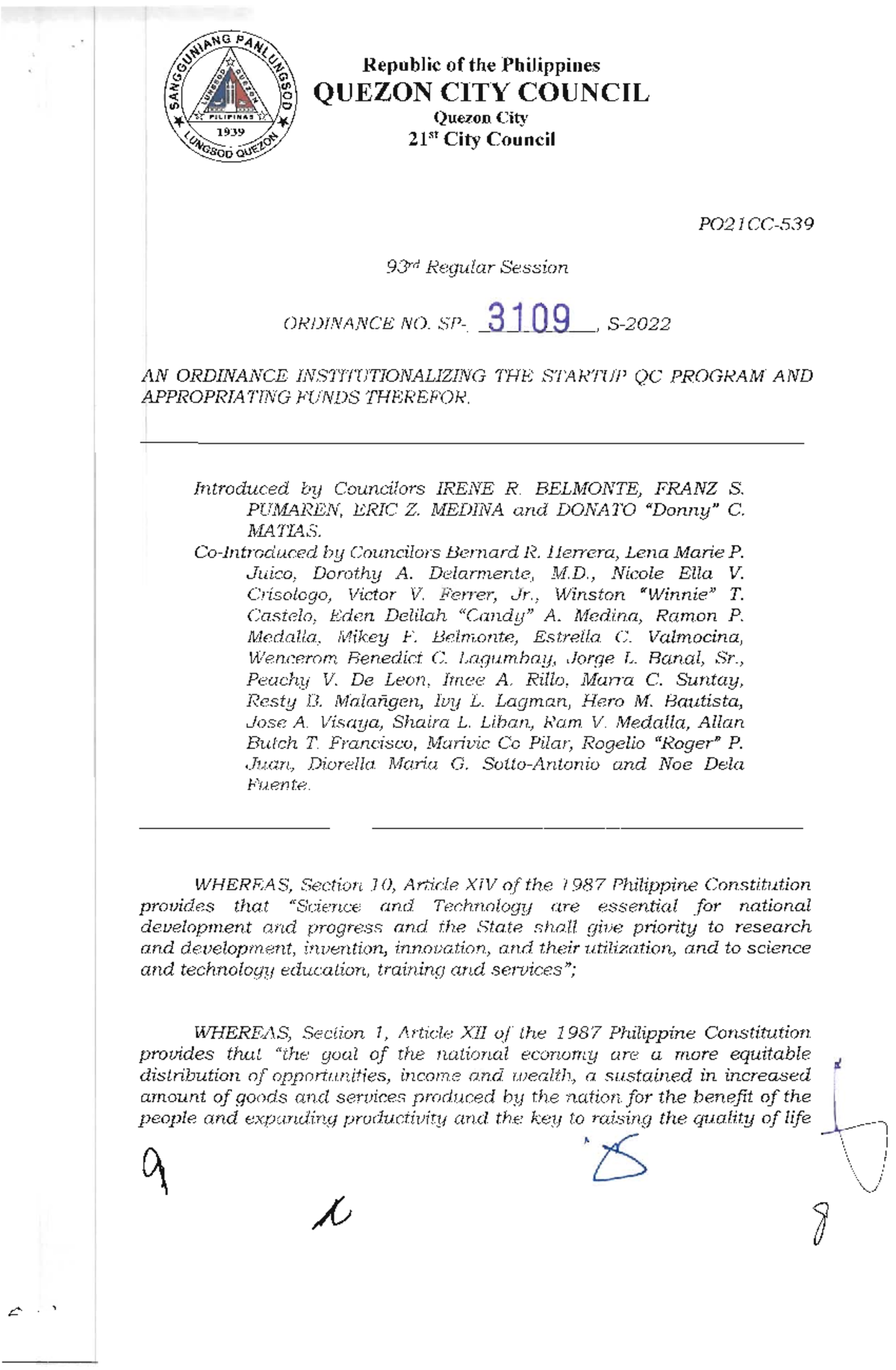 AN Ordinance Institutionalizing THE Startup QC Program AND ...