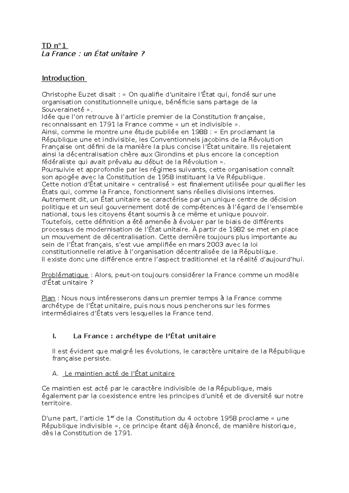 Dissertation - L'État unitaire - TD n° La France : un État unitaire ...
