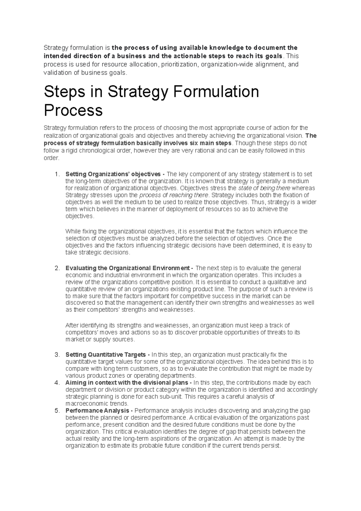 Strategy Formulation - LECTURE NOTES - Strategy formulation is the ...