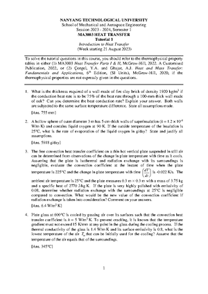 MA3003 2223 S1Tutorial 1P - MA 3003 Heat Transfer Tutorial 1 Introduction to Heat Transfer Dr ...