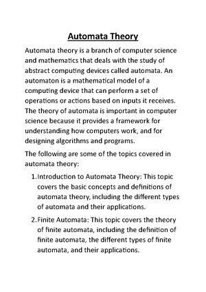 Automata Theory - AUTOMATA THEORY Automata theory is a branch of ...