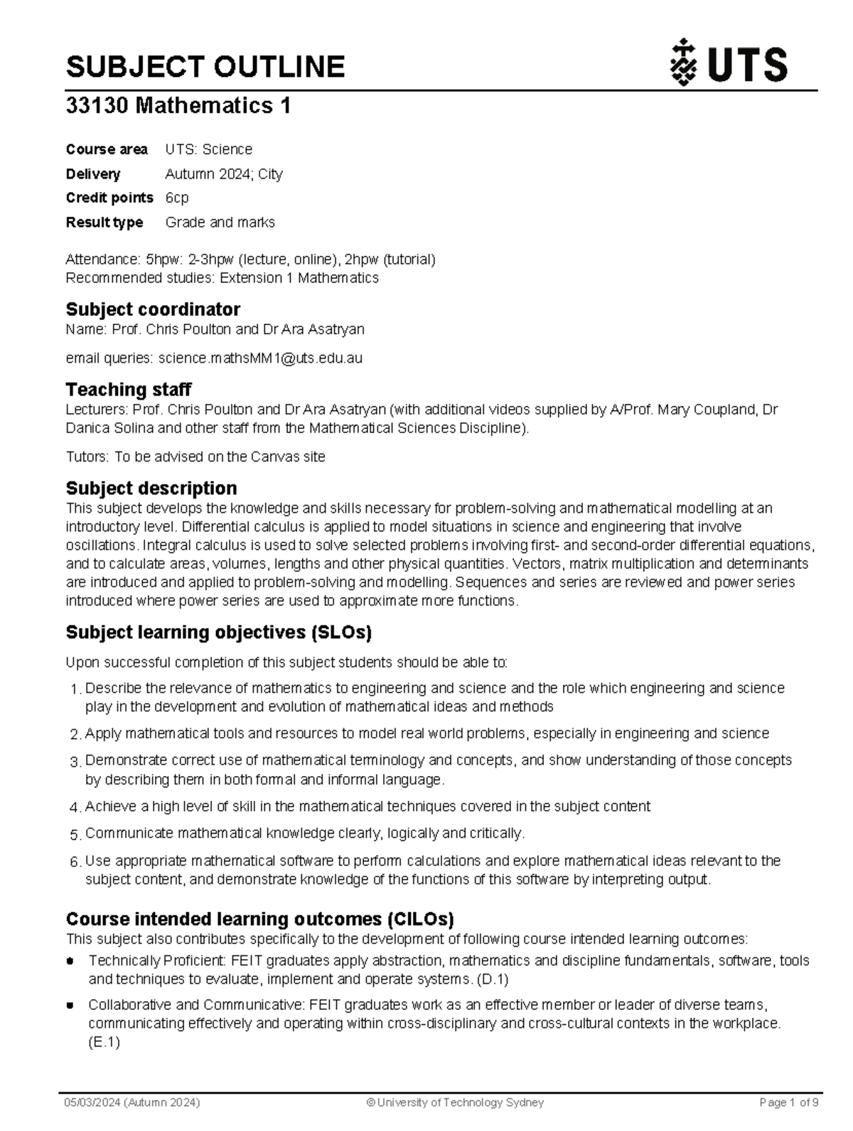 PDFs - subject outline - SUBJECT OUTLINE 33130 Mathematics 1 Attendance ...