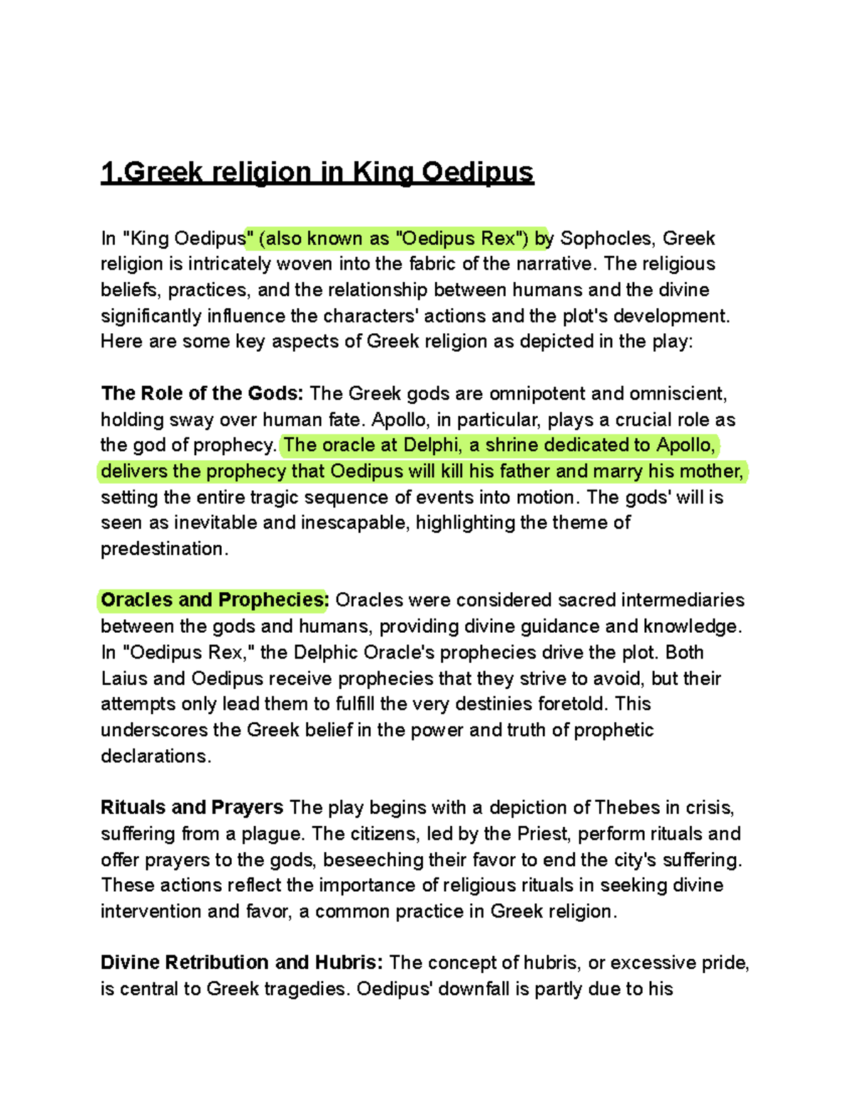 Western classics in translation - 1 religion in King Oedipus In "King ...