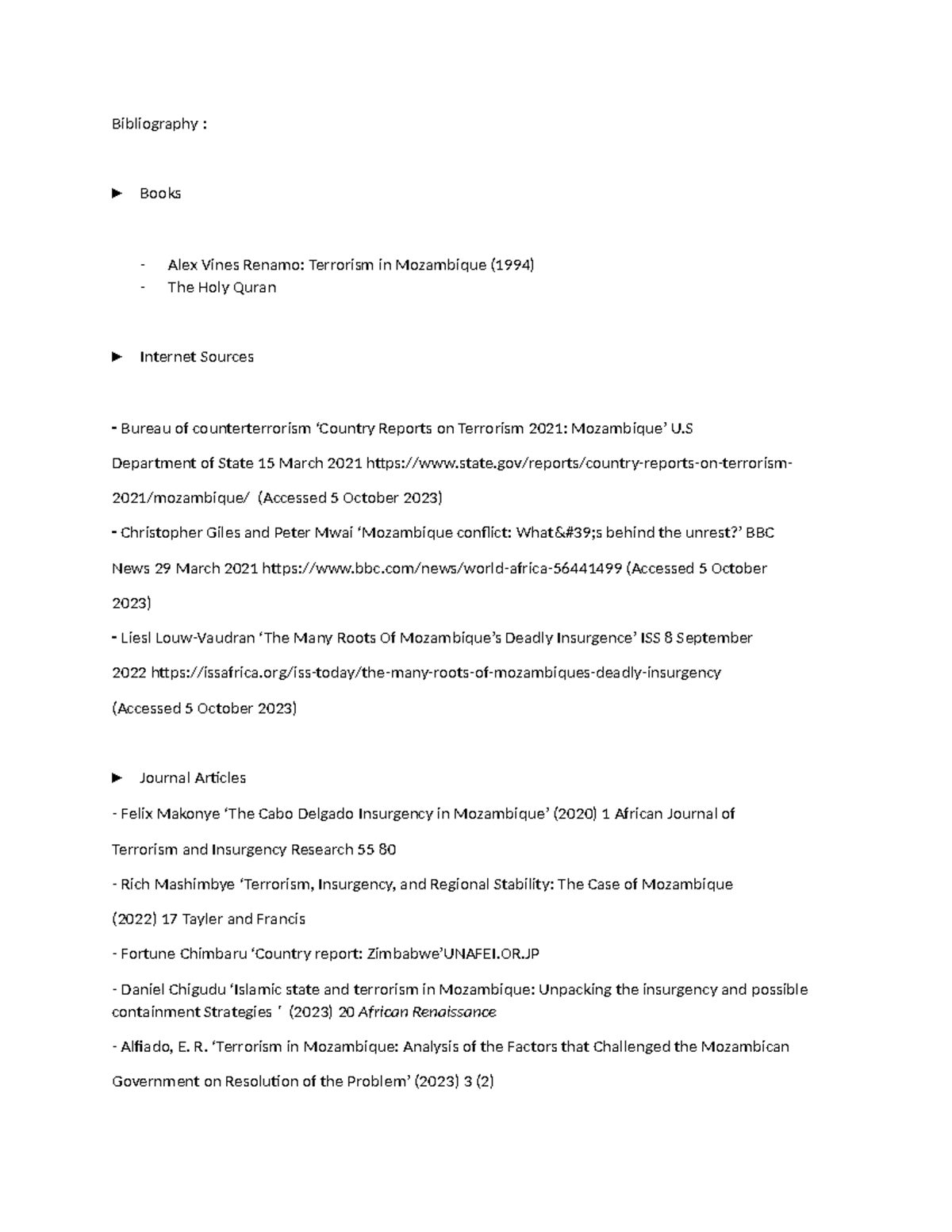 Bibliography - OR Daniel Chigudu ‘Islamic state and terrorism in ...