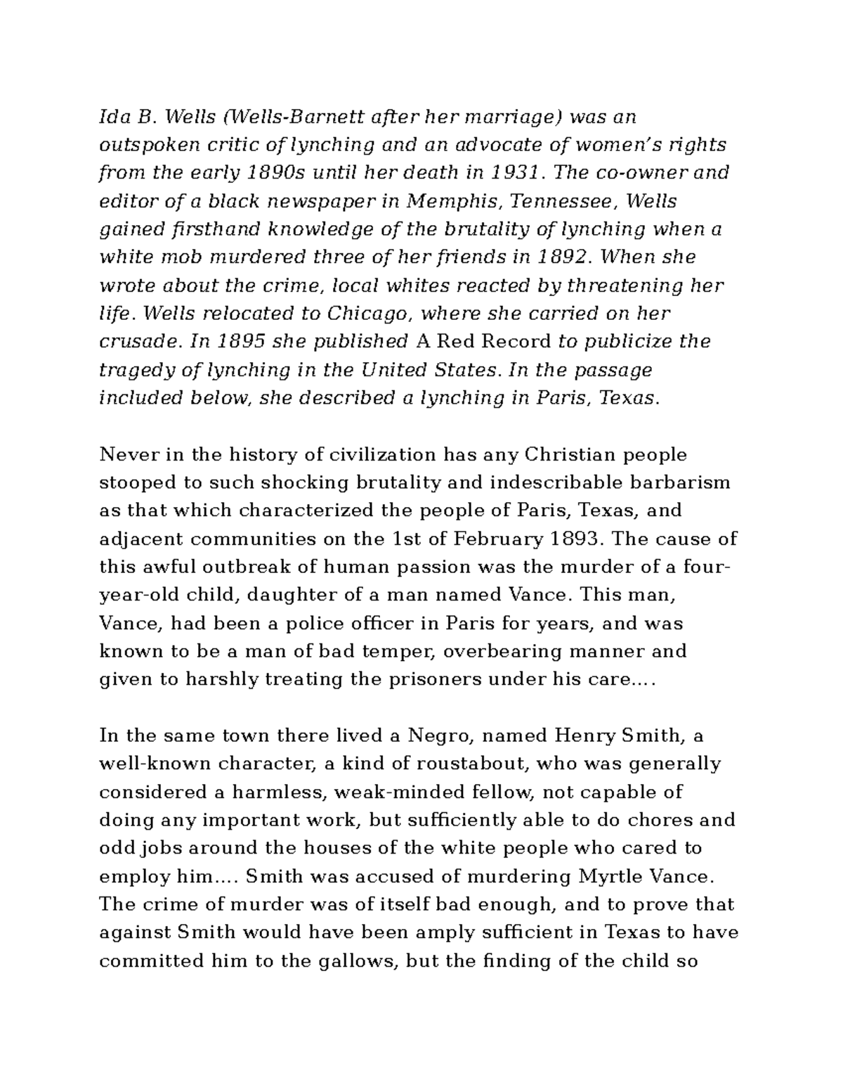 Ida B - reading assignment - Ida B. Wells (Wells-Barnett after her ...