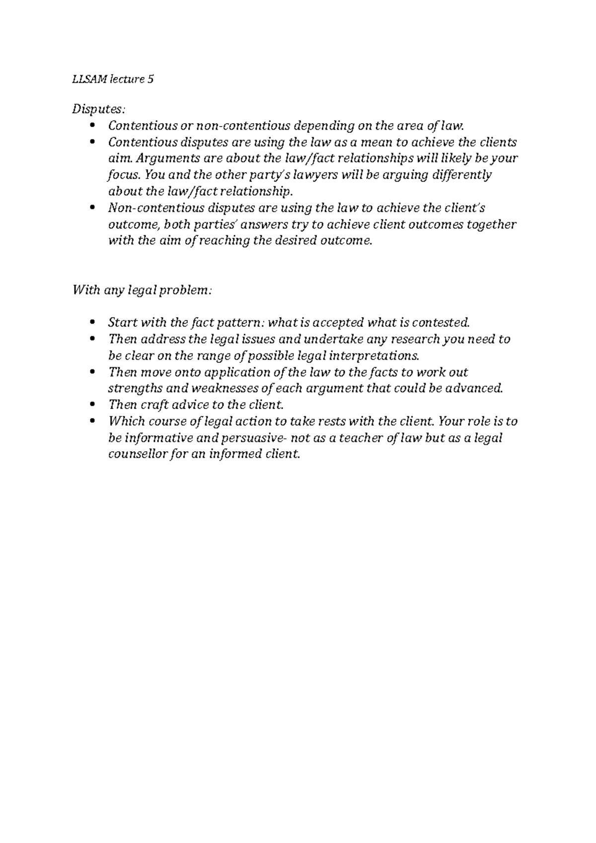 Llsam lecture 5 - n/a - LLSAM lecture 5 Disputes: Contentious or non ...