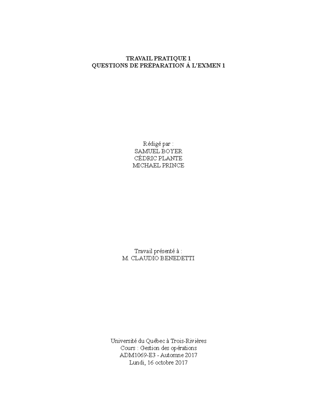 Travail Pratique 1 - Claudio Benedetti - ADM1069 - TRAVAIL PRATIQUE 1 ...