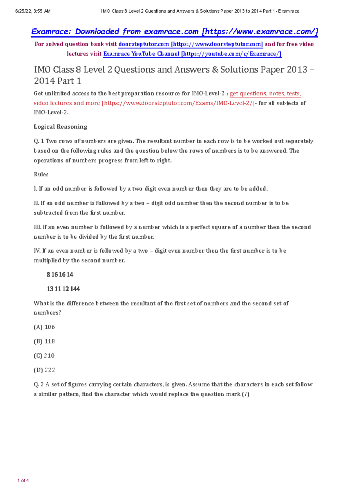 IMO Class 8 Level 2 2013 2014 Part 1 - Examrace: Downloaded from ...