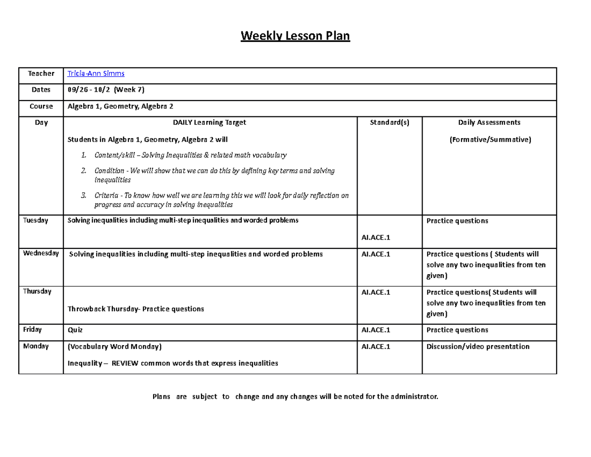 WEEK 7- Weekly Lesson Plan Template - Weekly Lesson Plan Teacher Tricia ...