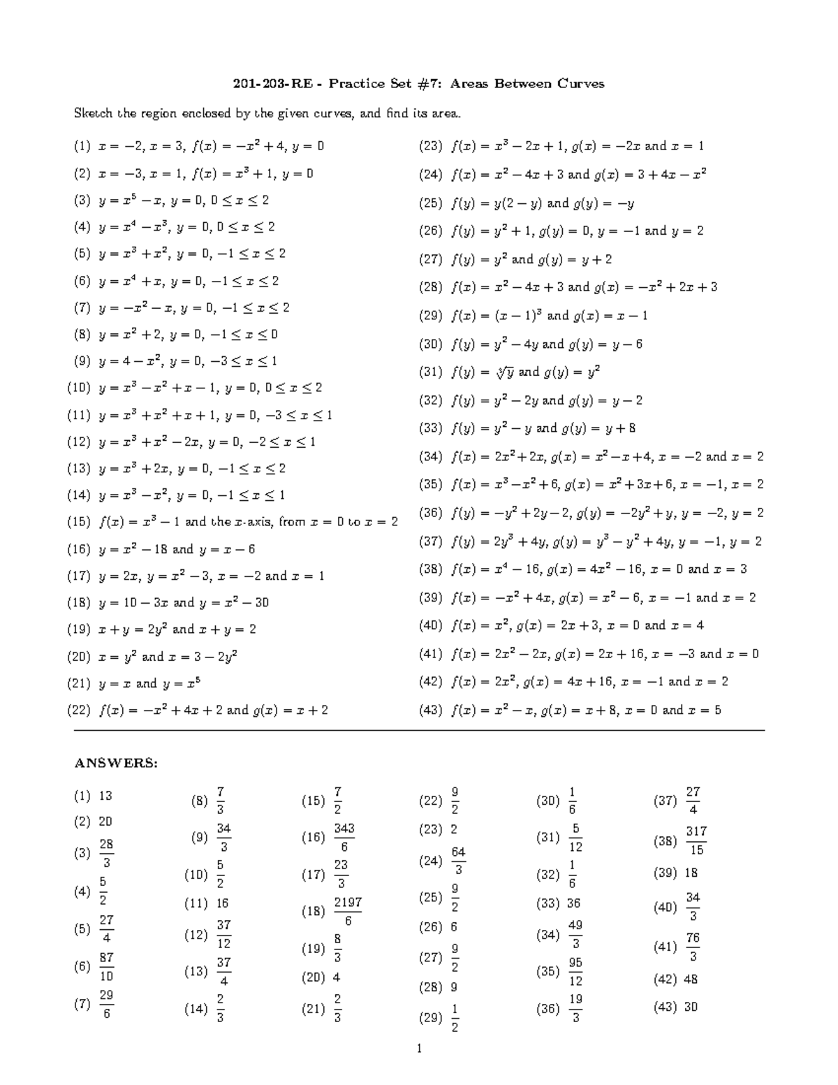 Practice Set 7-Areas Between Curves - 201-203-RE - Practice Set #7 ...
