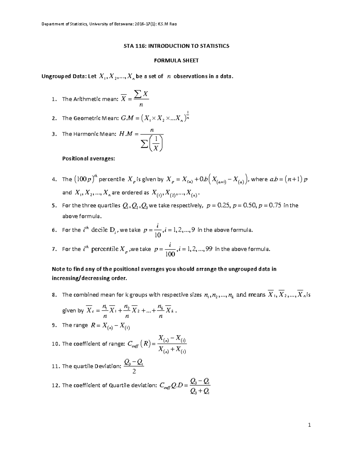 Formula Sheet - STA 116: INTRODUCTION TO STATISTICS FORMULA SHEET ...