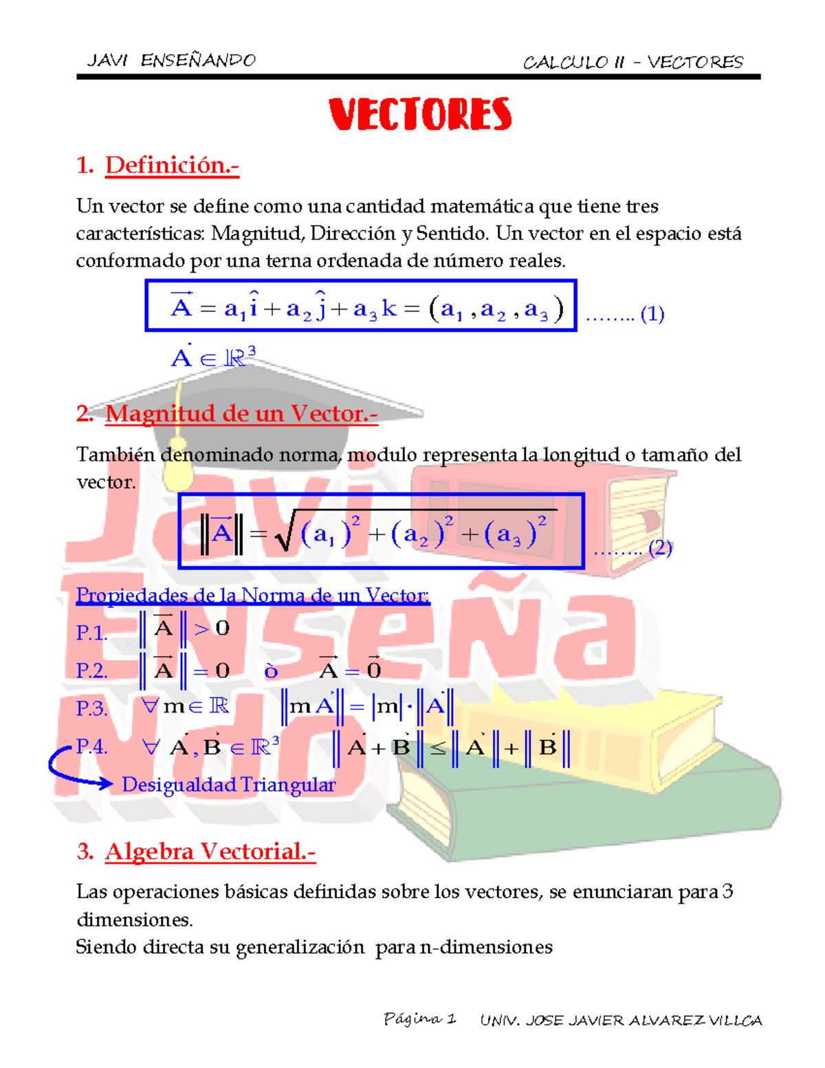 Calculo II Vectores - P·gina 1 1. DefiniciÛn.- Un vector se define como ...