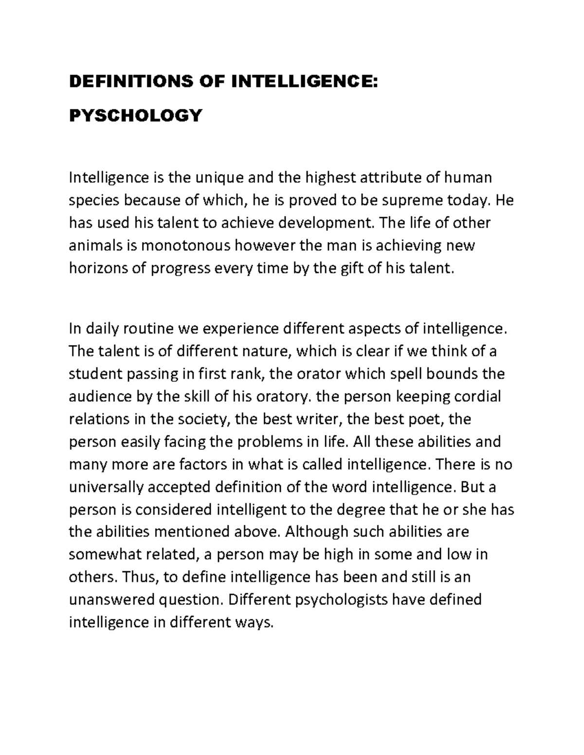 Definitions OF Intelligence - DEFINITIONS OF INTELLIGENCE: PYSCHOLOGY ...