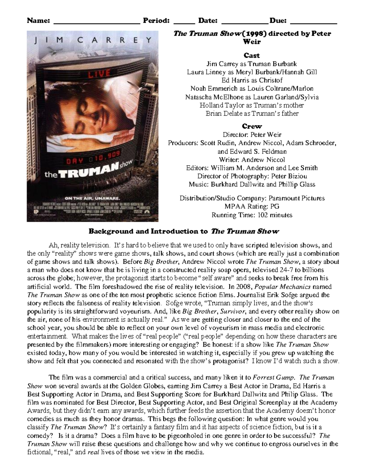 The Truman Show comprehension for first viewing Worksheet 2 - Name