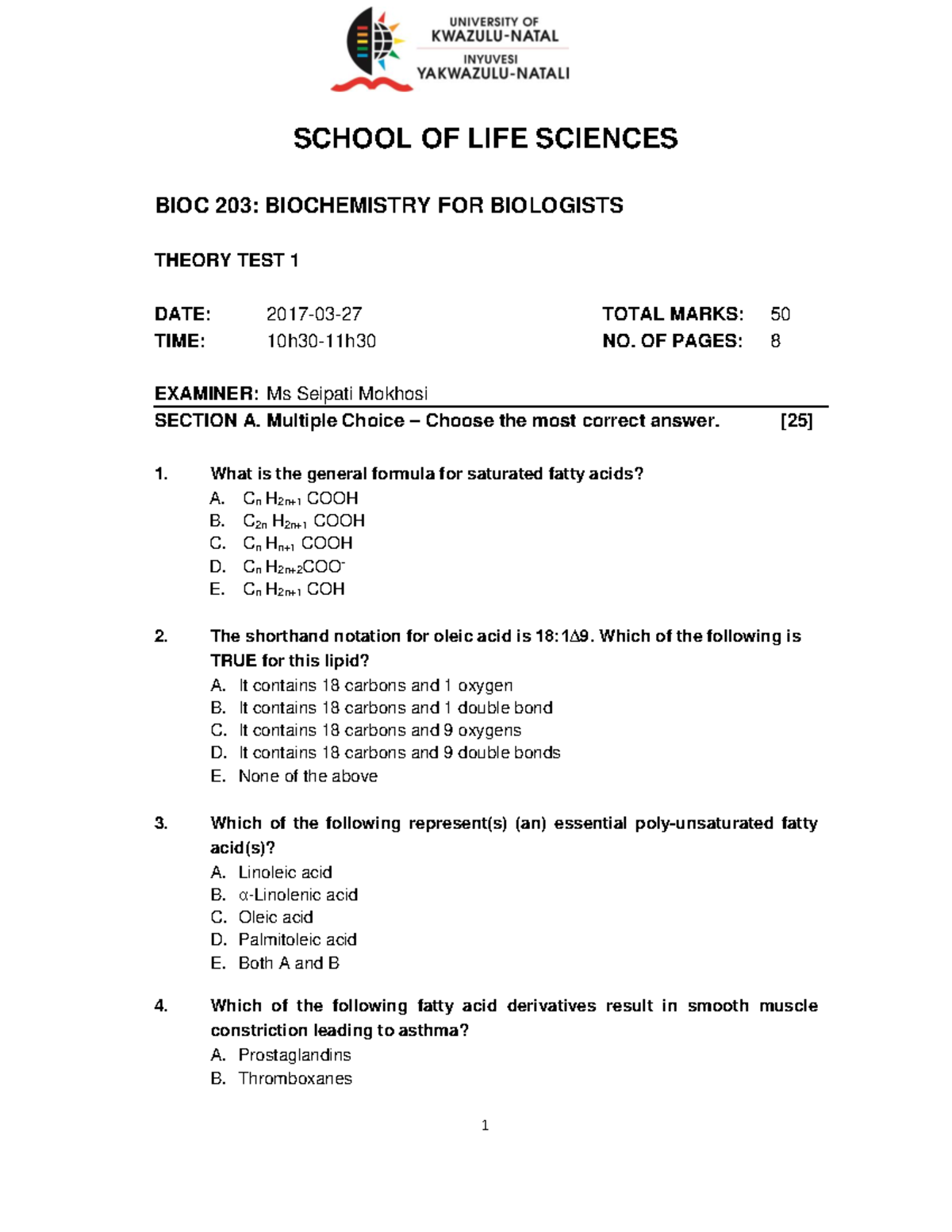 BIOC203Theory test 1-2017 - SCHOOL OF LIFE SCIENCES BIOC 203 ...