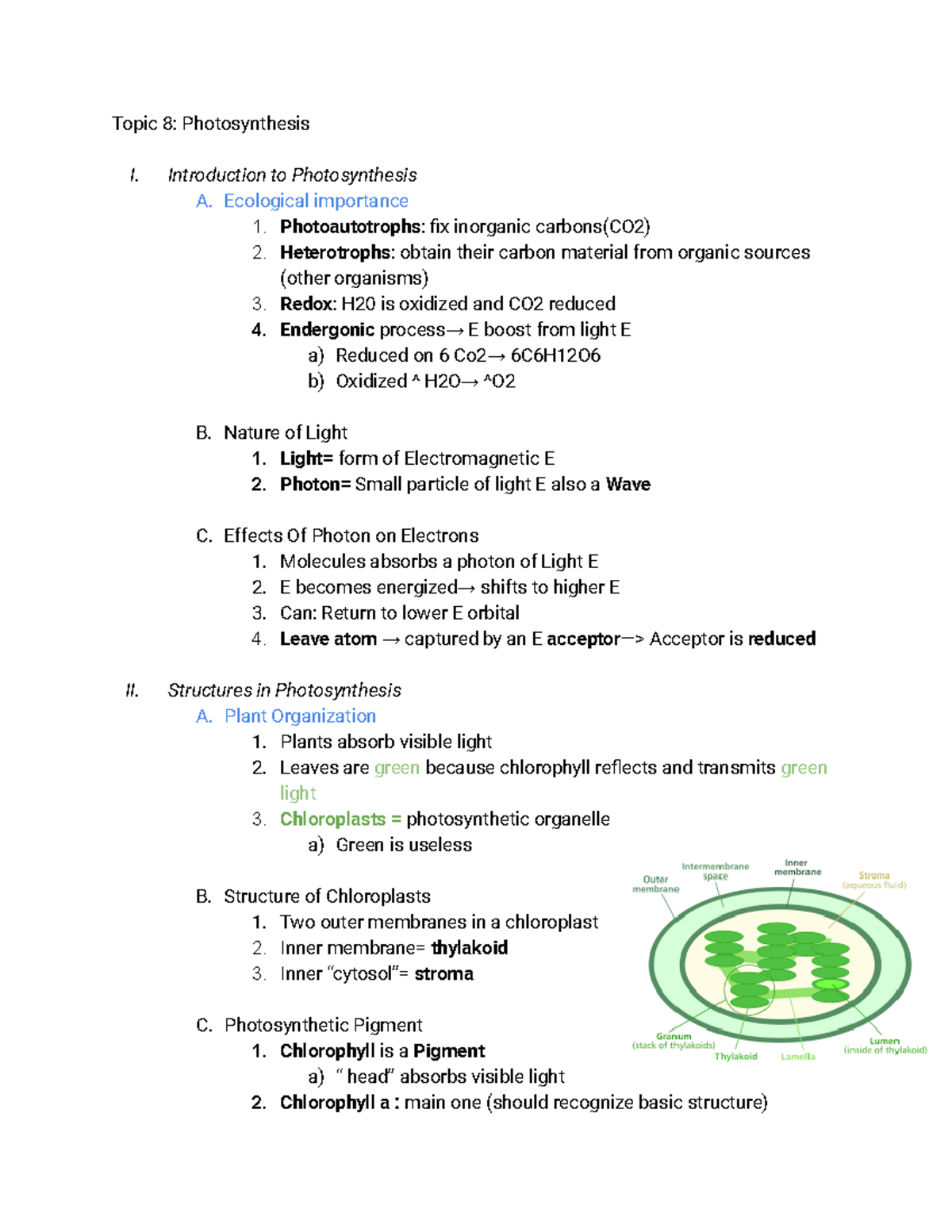 Photosynthesis Notes - Topic 8: Photosynthesis I. Introduction to ...